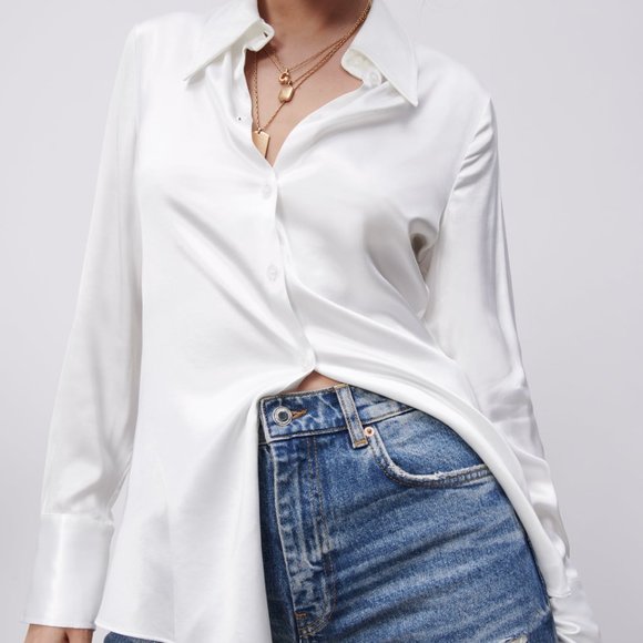 Zara | Tops | Zara White Satin Effect Long Sleeve Button Down Blouse | Poshmark